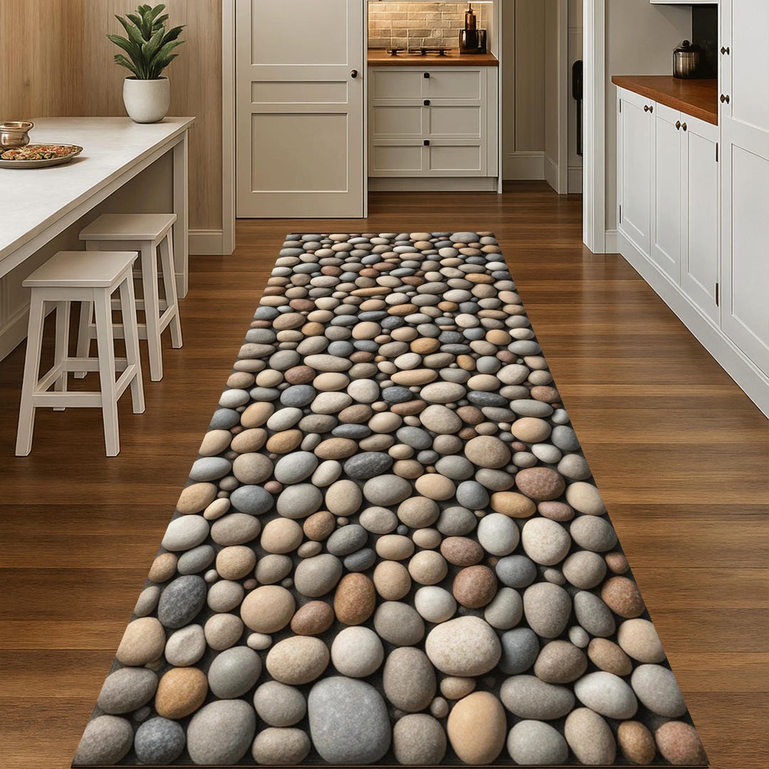 Pebble Stone Runner Rug, Neutral Gray Beige Brown, Non-slip Polyester ...
