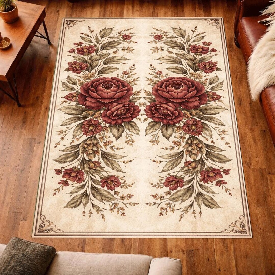 Vintage Floral Area Rug Burgundy Rose Cottagecore Carpet - Etsy