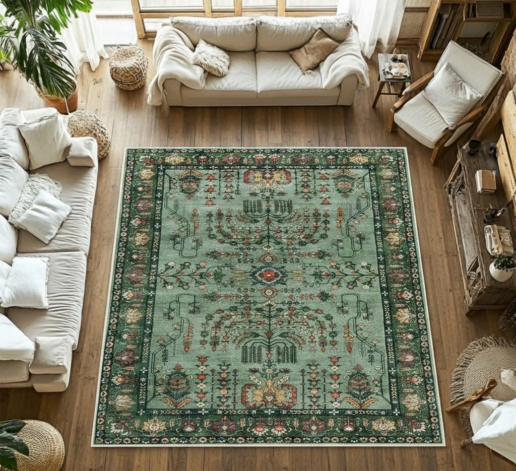 Green Oriental Area Rug: Washable Floral Medallion Design - Etsy