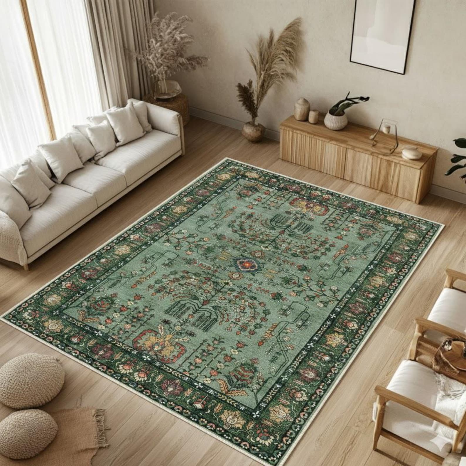 Green Oriental Area Rug: Washable Floral Medallion Design - Etsy