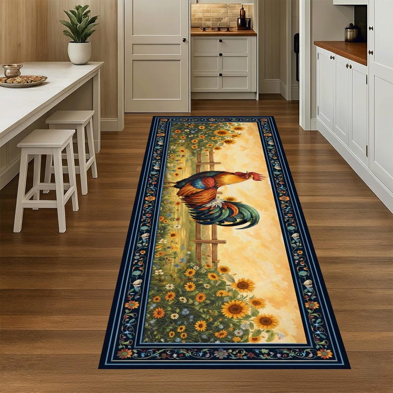 Rooster Sunflower Runner Rug, Farmhouse Kitchen Hallway Country Decor ...