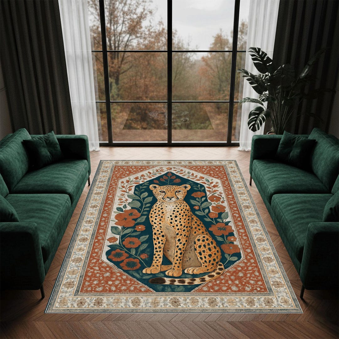 Boho Cheetah Print Rug: Vintage Leopard Floral Carpet - Etsy