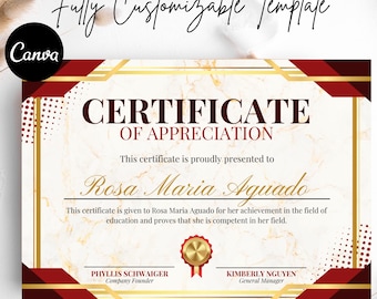 Achievement Certificate Template Canva | Editable Award Certificate | Custom Recognition ...