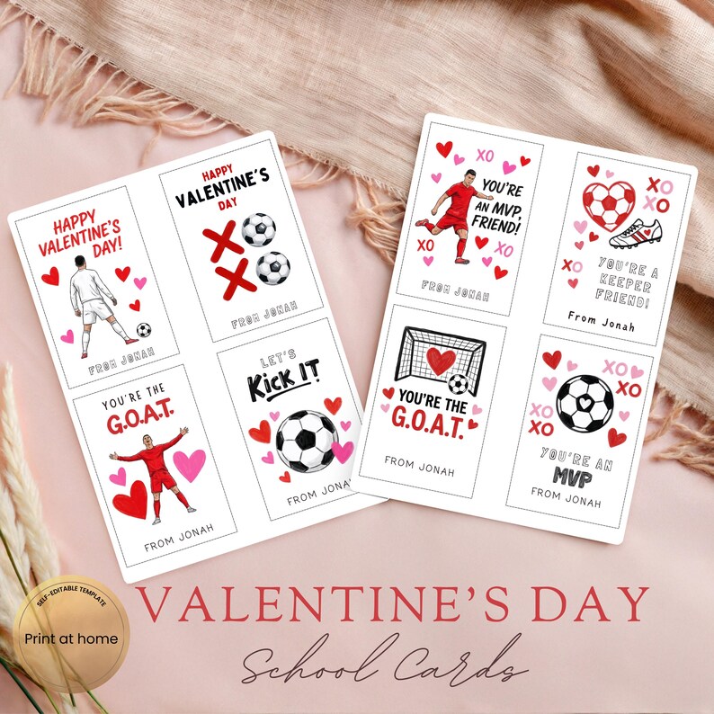 Soccer Valentine Cards Printable Set | Hand-drawn Classroom Valentines ...