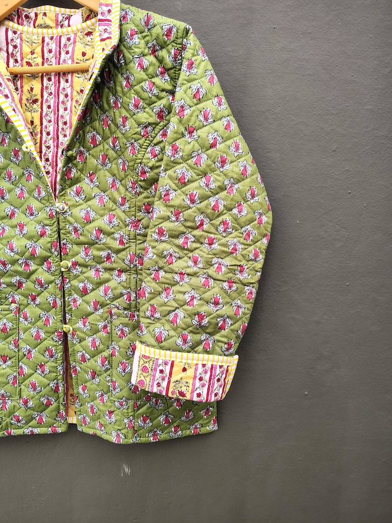Handmade Quilted Cotton Jacket Women – Green Block Print Boho Jacket ...