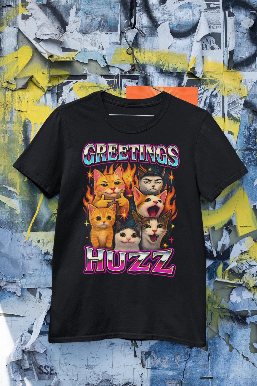 Greetings Huzz Meme Cats Shirt Funny Ironic Chaotic Cat Collage Bootleg ...