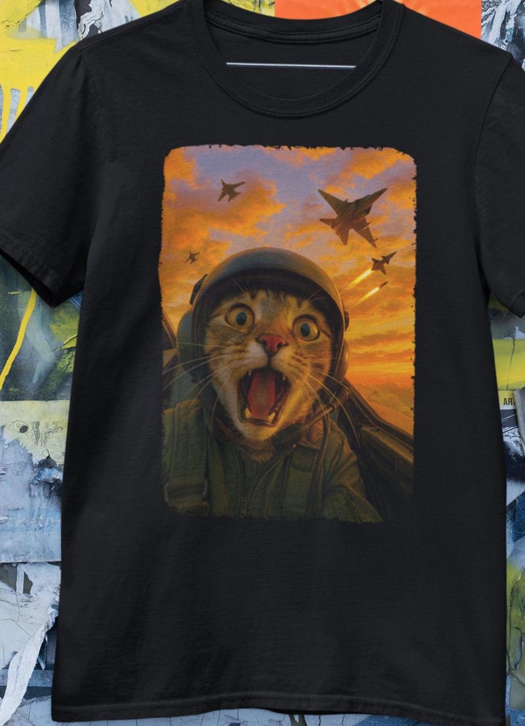 Cat Fighter Pilot Shirt Funny Cat Selfie Meme Tee Jet Fighter Selfie ...