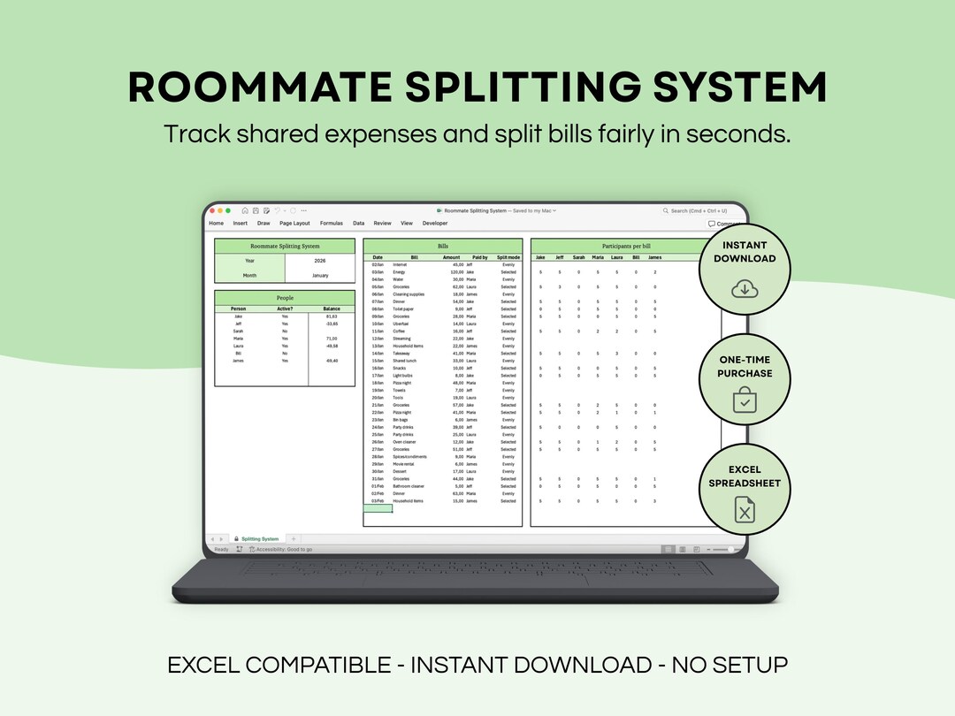Roommate Bill Split Spreadsheet | Split Bills Calculator | Shared ...