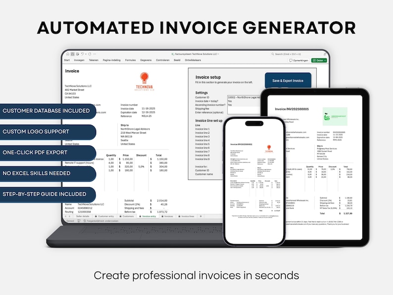 Automated Invoice Generator Excel US & Nl-only | Invoice Template With ...