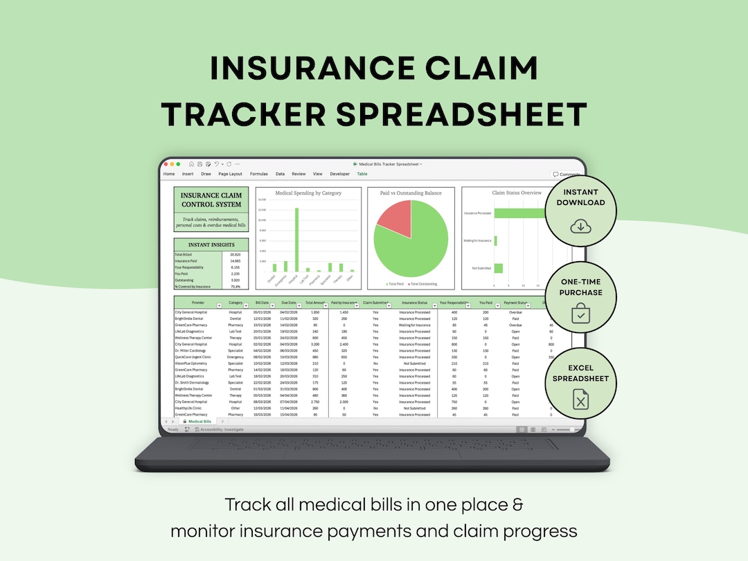 Insurance Claim Tracker Spreadsheet | Medical Bills Organizer ...