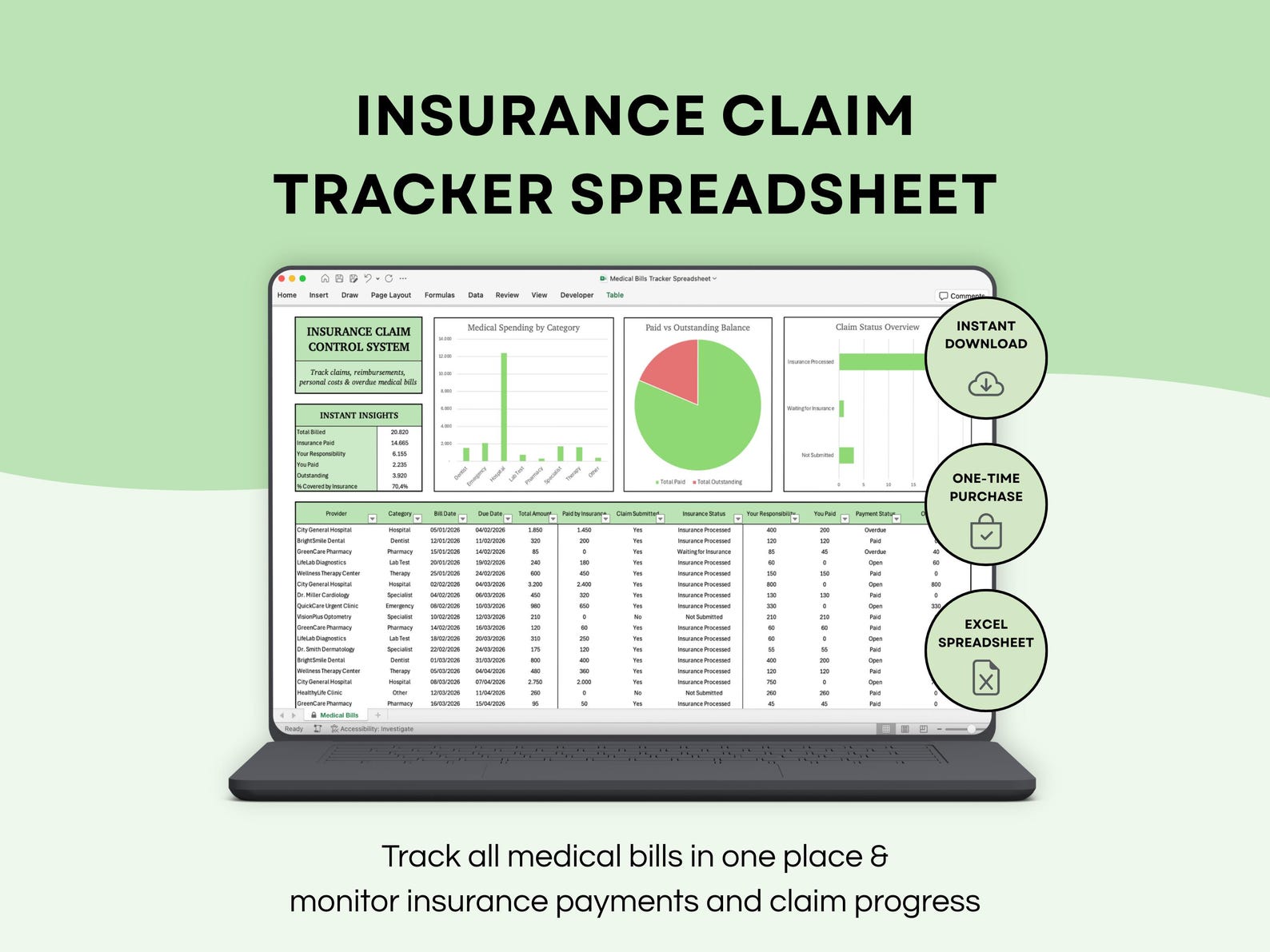 Insurance Claim Tracker Spreadsheet | Medical Bills Organizer ...