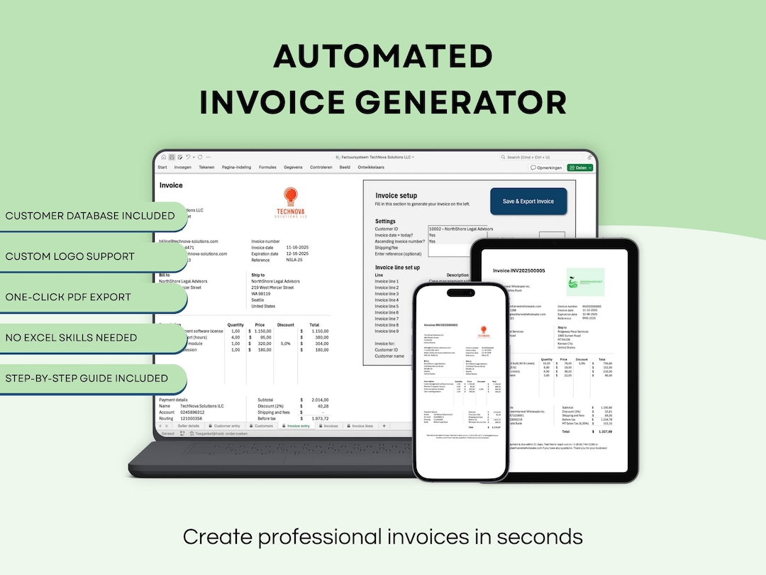 Automated Invoice Generator US + Nl-only, Small Business Excel Template ...