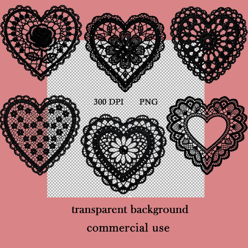 Black Lace Hearts Clipart Set – 6 PNG Gothic Crochet Lace Hearts ...