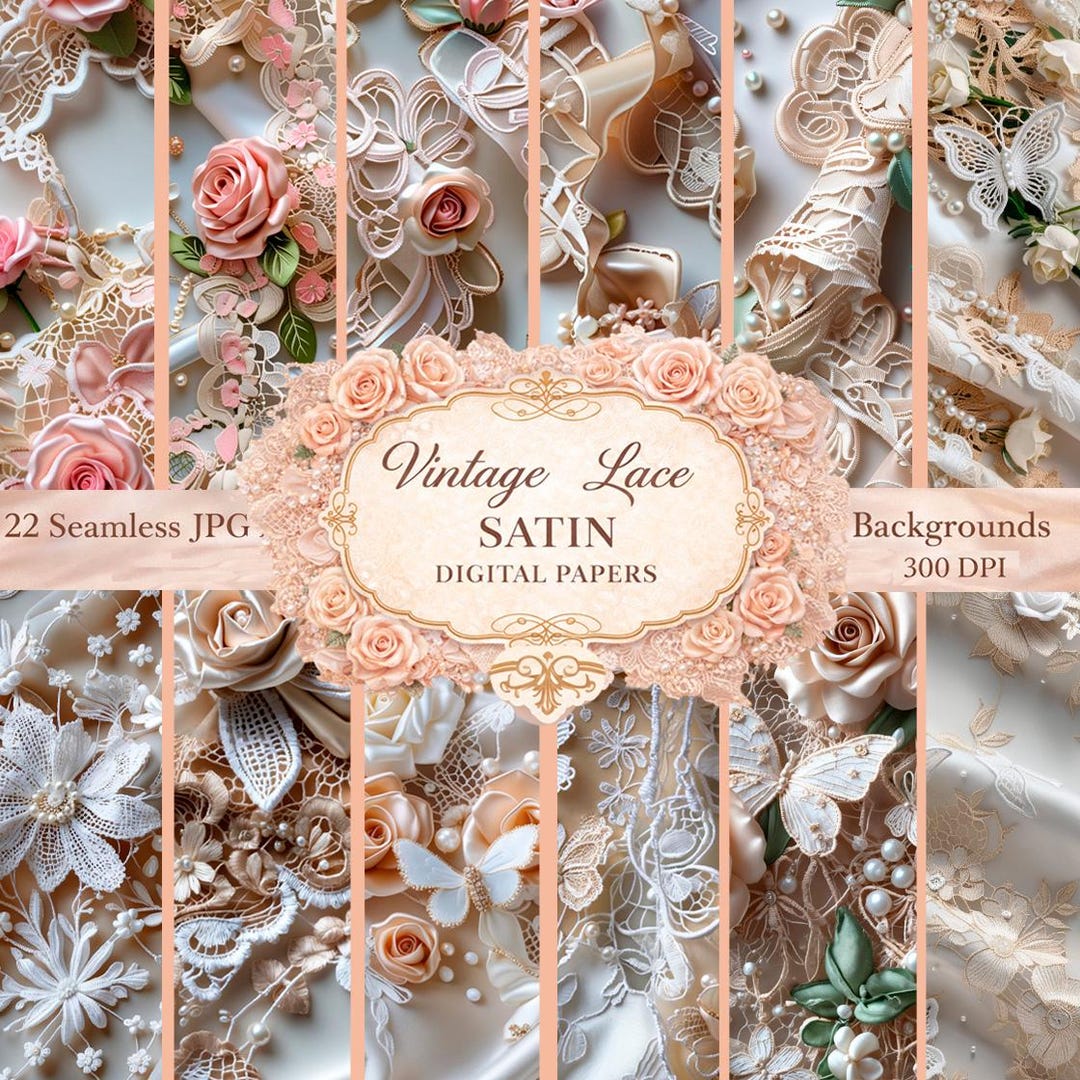 Vintage Lace Satin Digital Papers, Seamless Romantic Backgrounds ...