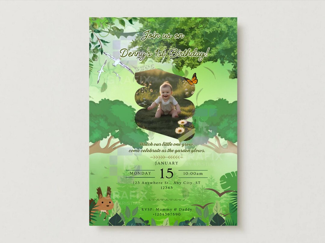 Green Nature Birthday Invitation Template | Tree and Bird Party Card ...