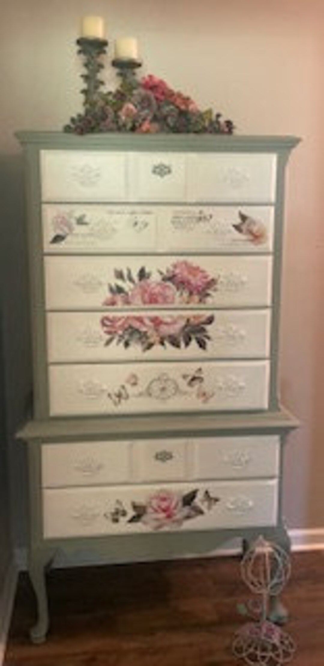 OOAK Restyled Shabby Chic Highboy Dresser Handpainted Pink Green ...