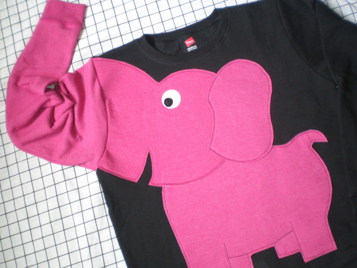 Bright Pink Elephant on Black Sweatshirt. Elephant Trunk - Etsy