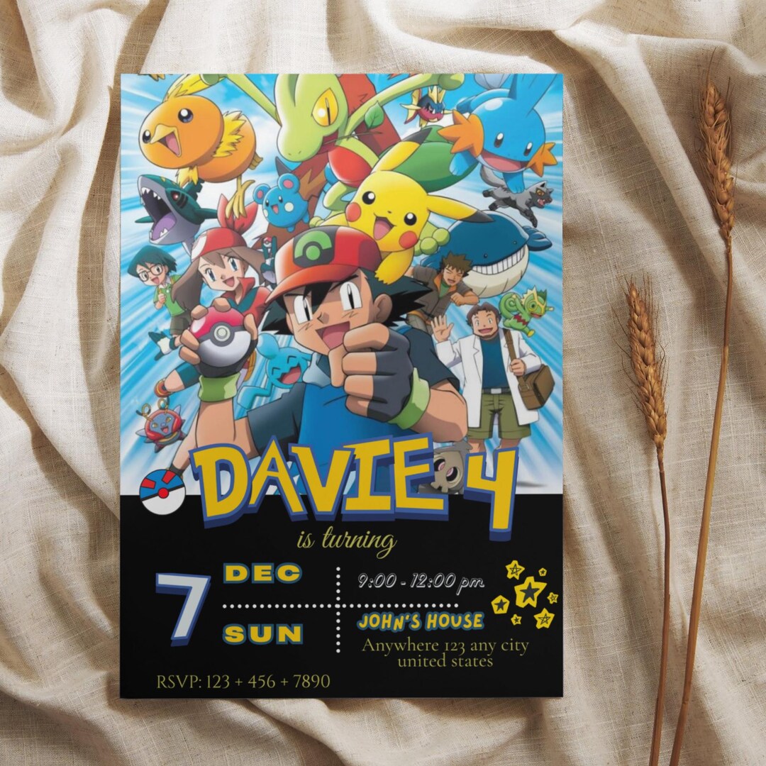 Pokemon Birthday Invitation Card, Pokemon Theme, Cartoon Kids Template ...