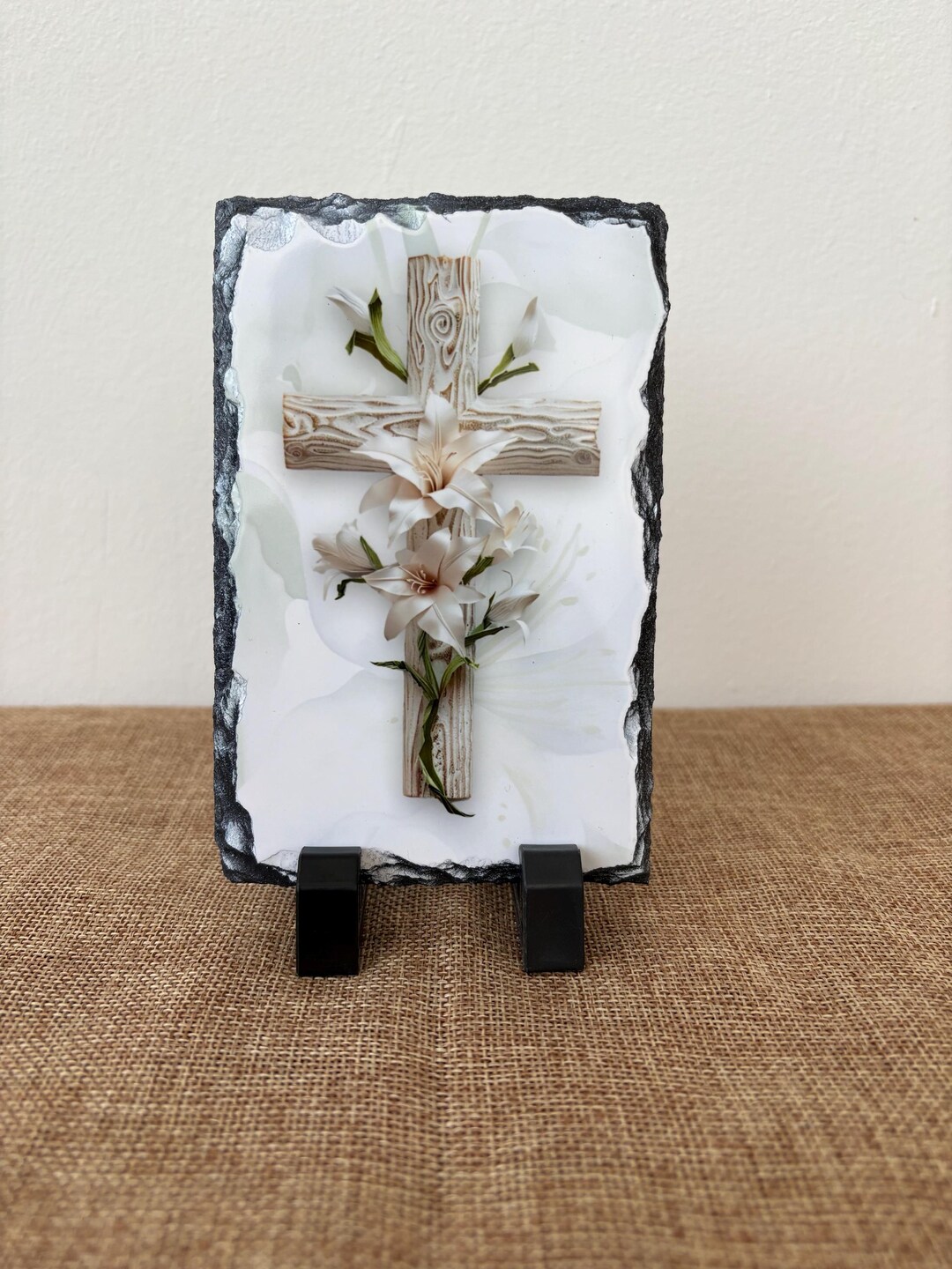 3D Religious Slate Plaque - White Cross With Lilies - Small Size - Etsy