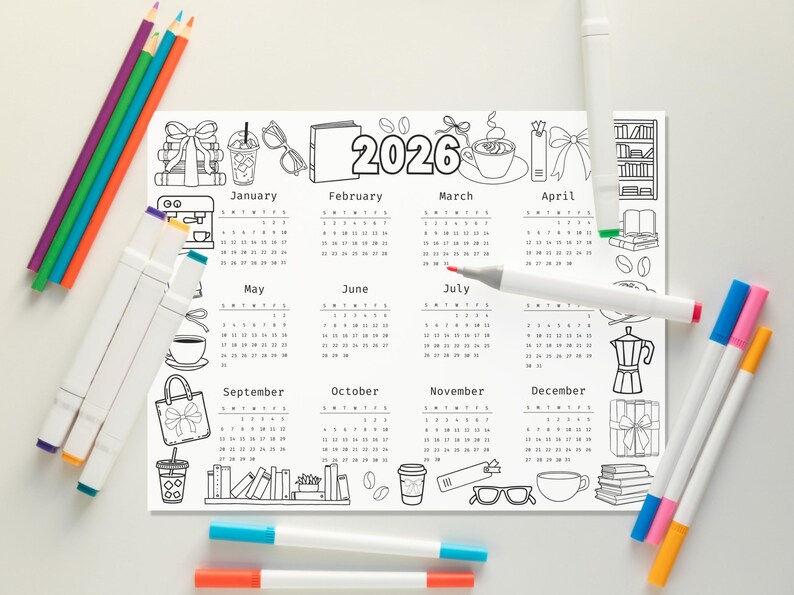 2026 Coloring Page Calendar - Coffee & Books, Year at a Glance ...