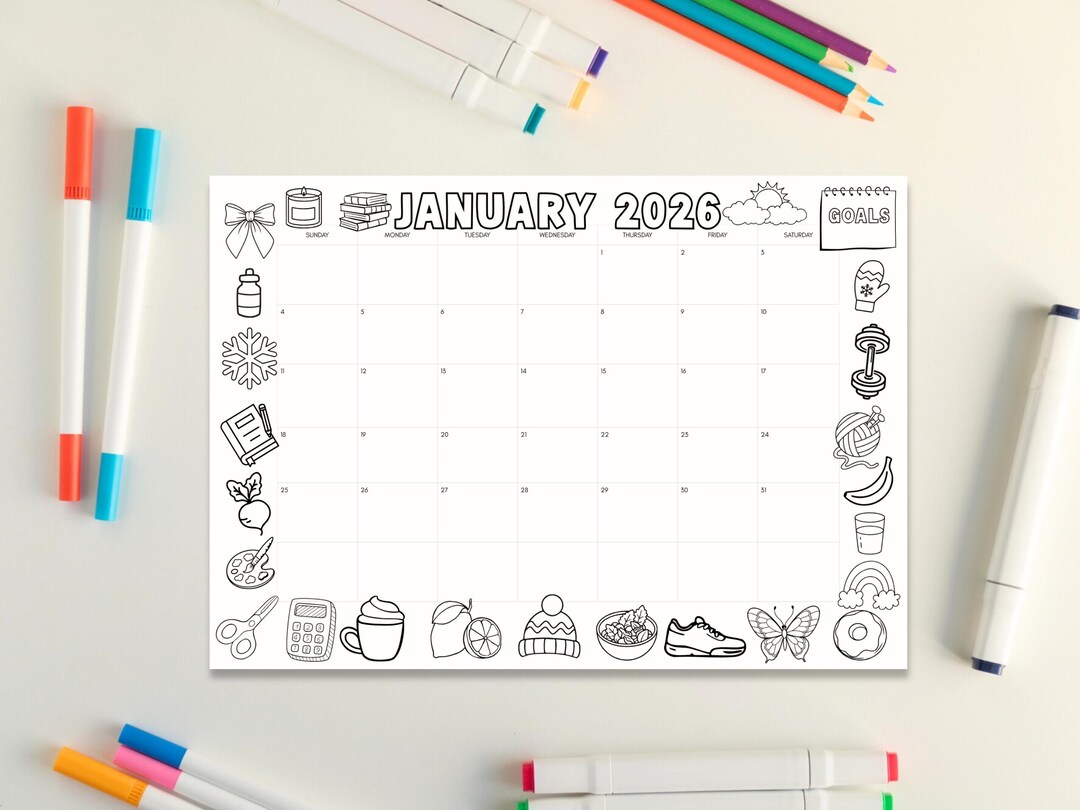 January 2026 Calendar Coloring Page - Monthly Planner, Relaxing ...