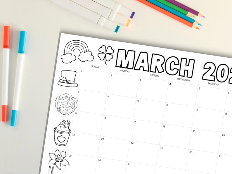 March 2026 Planner Coloring Page - Monthly Calendar, St. Patricks ...
