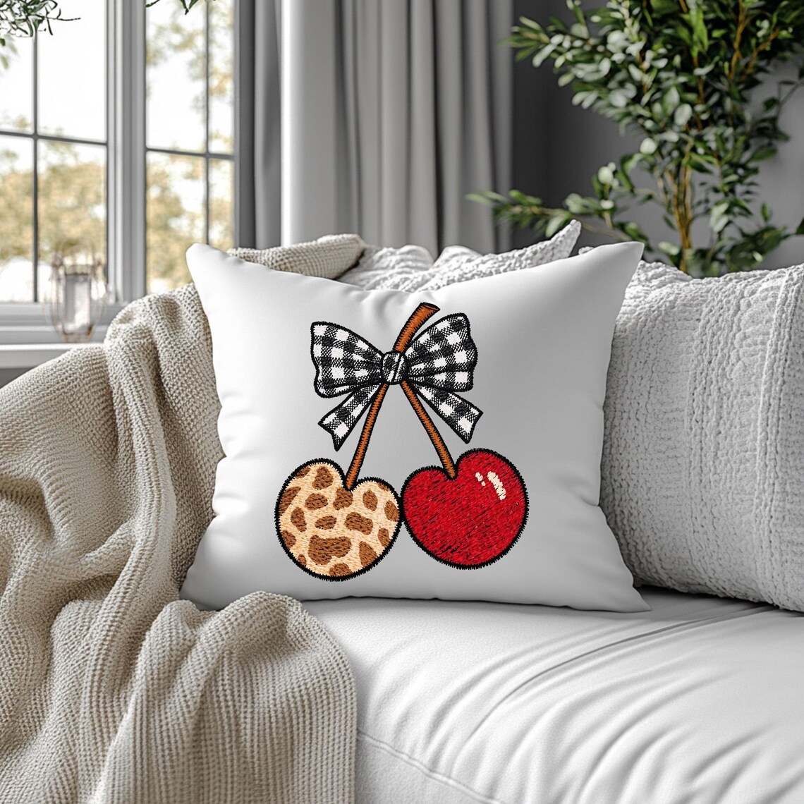 Faux Embroidered Cherries PNG – Leopard & Checkered Bow | Sublimation ...