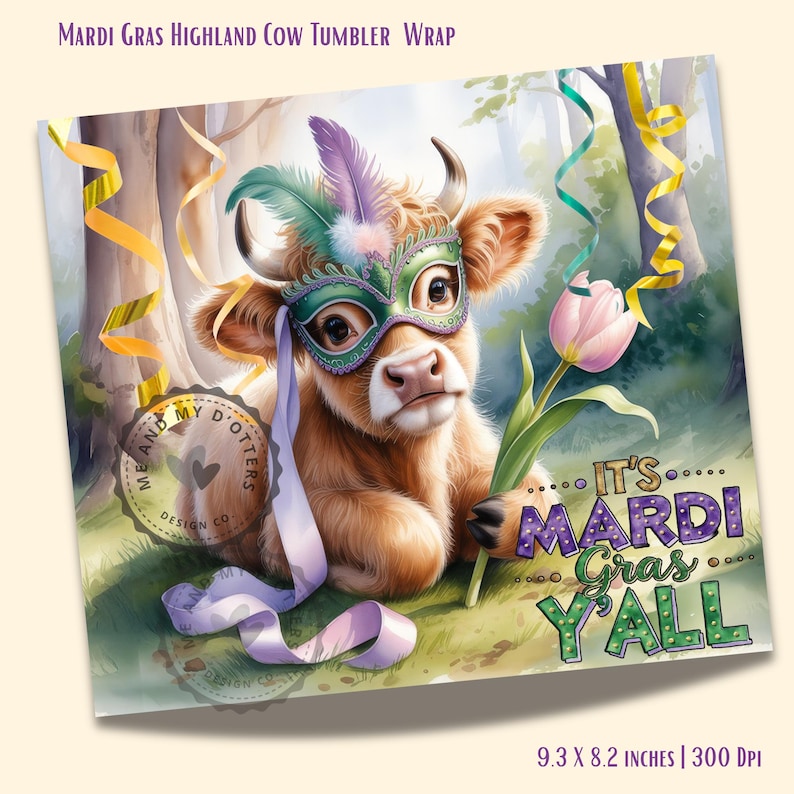 Mardi Gras Highland Cow 20oz Skinny Tumbler Wrap | Sublimation Design ...
