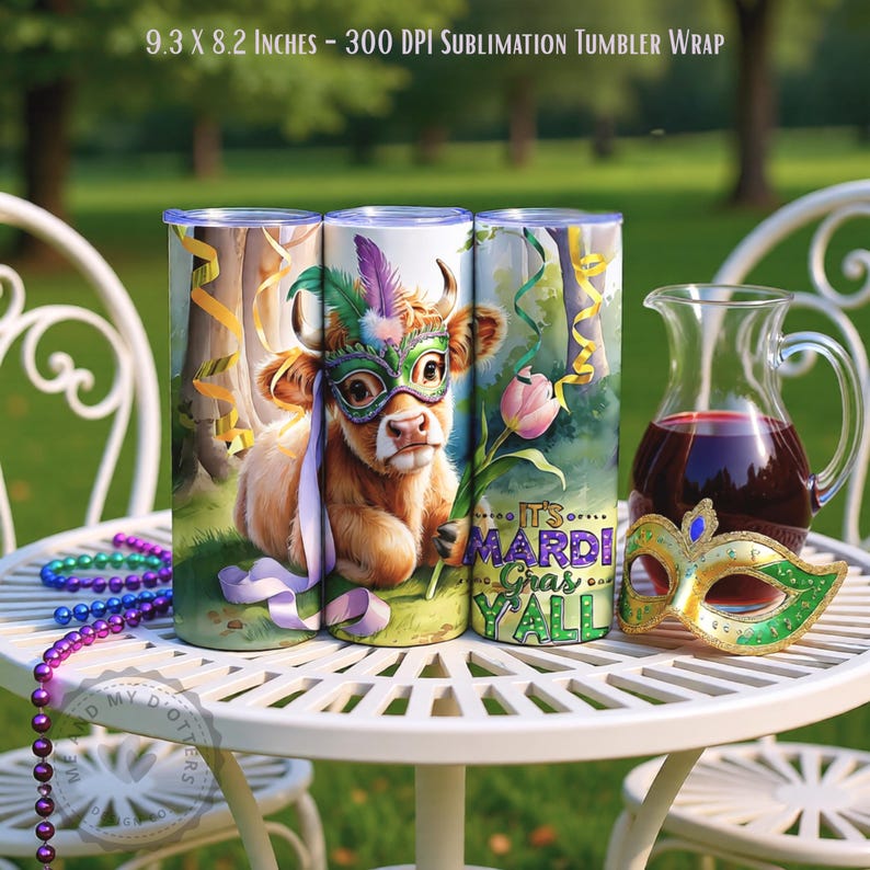 Mardi Gras Highland Cow 20oz Skinny Tumbler Wrap | Sublimation Design ...