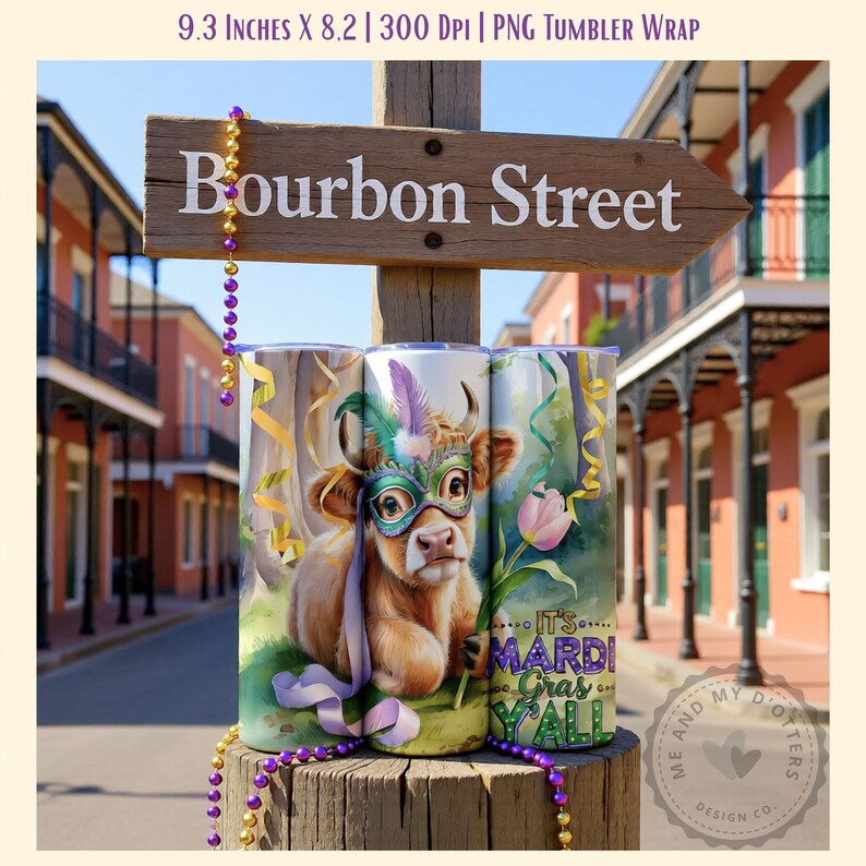 Mardi Gras Highland Cow 20oz Skinny Tumbler Wrap | Sublimation Design ...