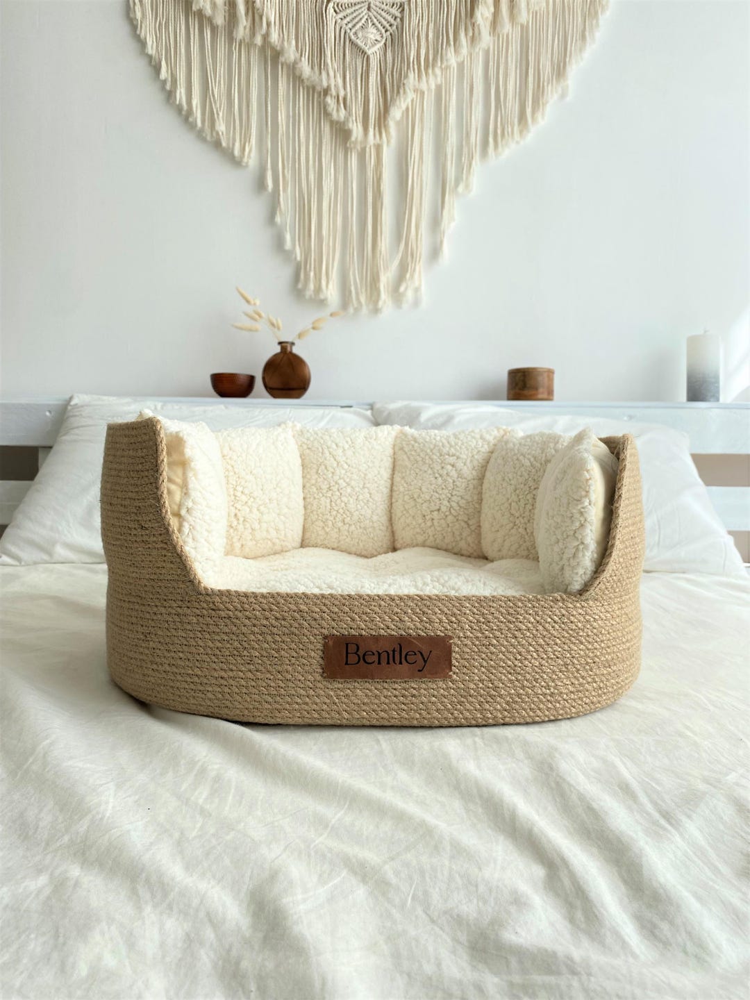 Personalized Jute Dog Bed, Handmade Cat Bed Basket With Teddy Cushion ...