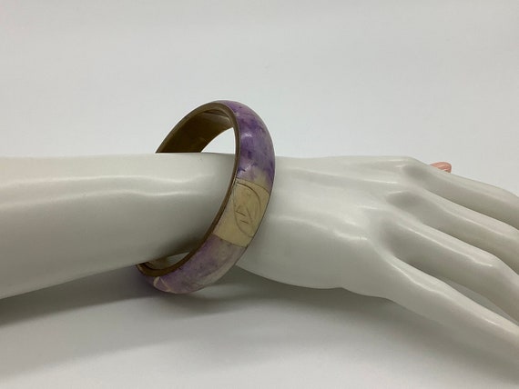 Carved Bone Brass Bangle Bracelet - Lavender and Crea… - Gem