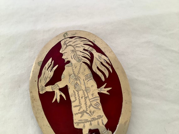 1940s Native Aztec Figure Inlay Maroon Glass Alpaca B… - Gem