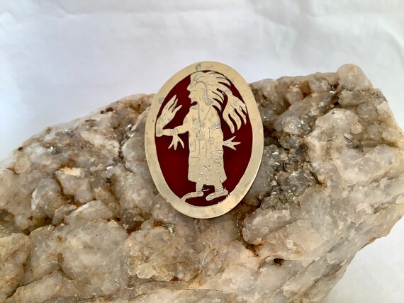 1940s Native Aztec Figure Inlay Maroon Glass Alpaca B… - Gem