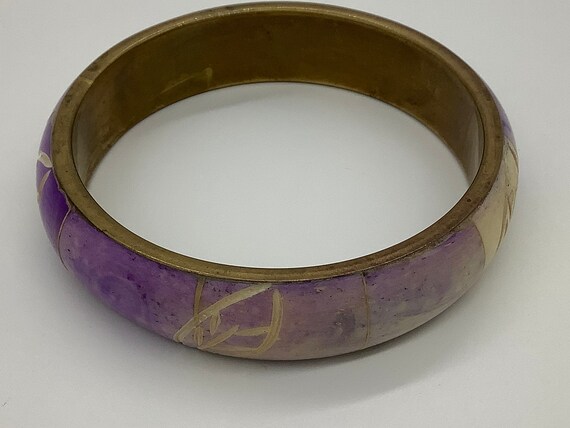 Carved Bone Brass Bangle Bracelet - Lavender and Crea… - Gem