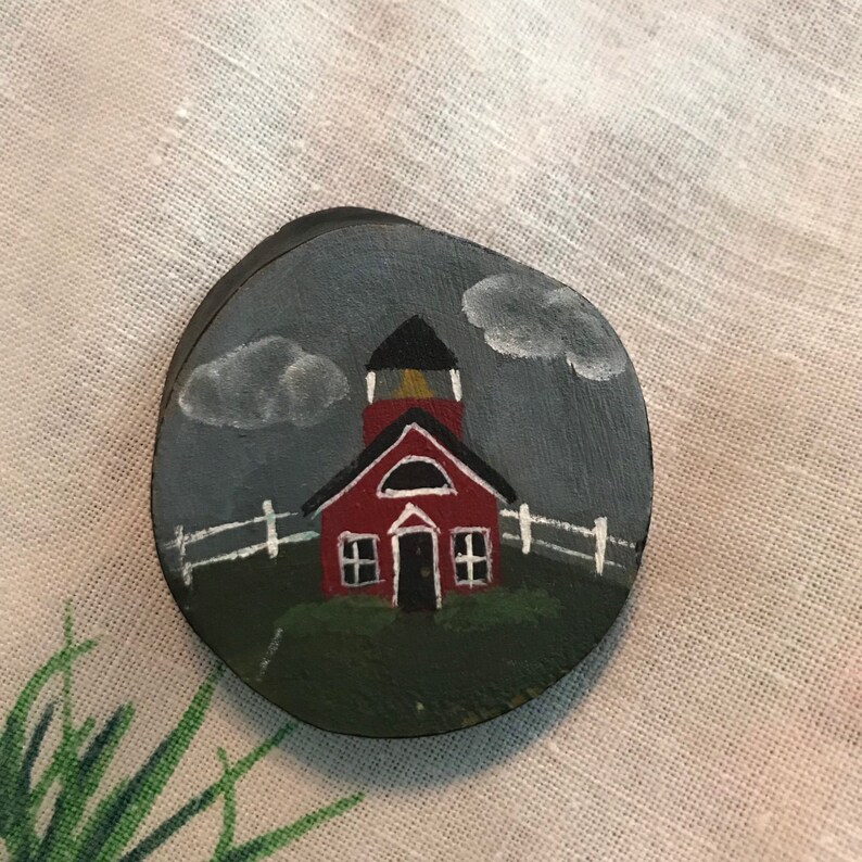 Red Schoolhouse Pin, Cypress Knee Slice Hand Painted Brooch, Teacher ...