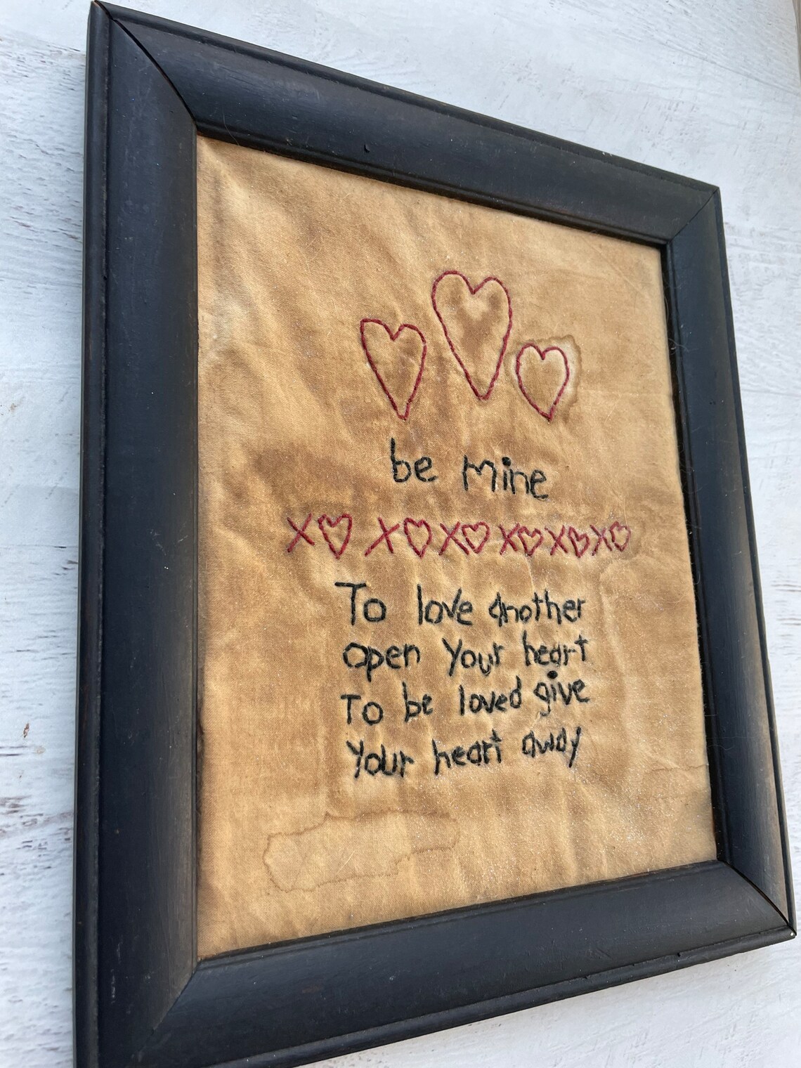 Primitive Valentines Day Stitchery, Hand Stitched Be Mine Farmhouse ...