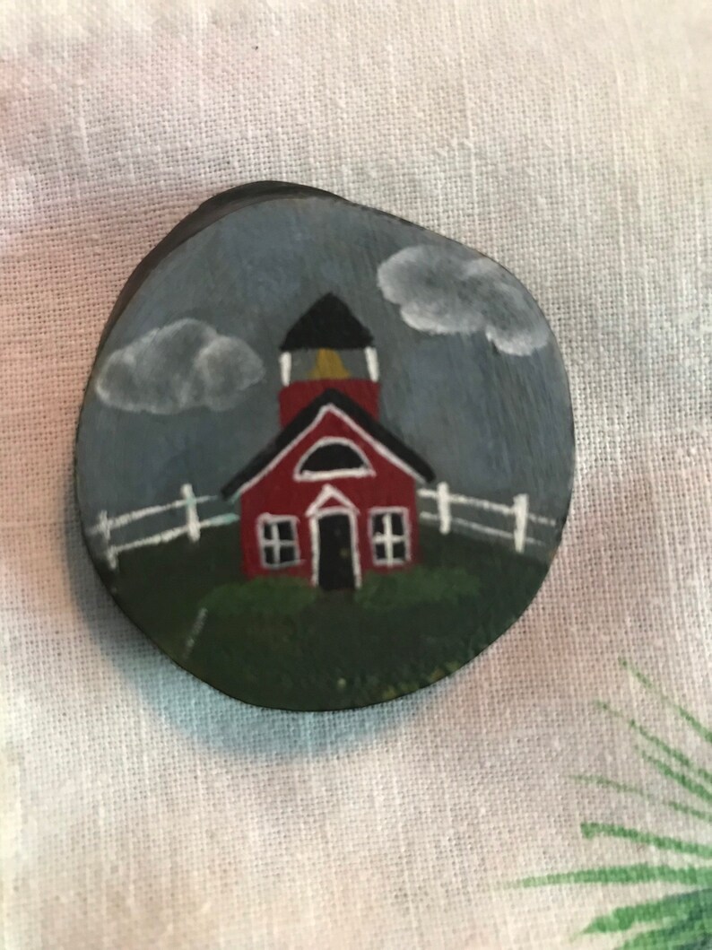 Red Schoolhouse Pin Cypress Knee Slice Hand Painted Brooch | Etsy