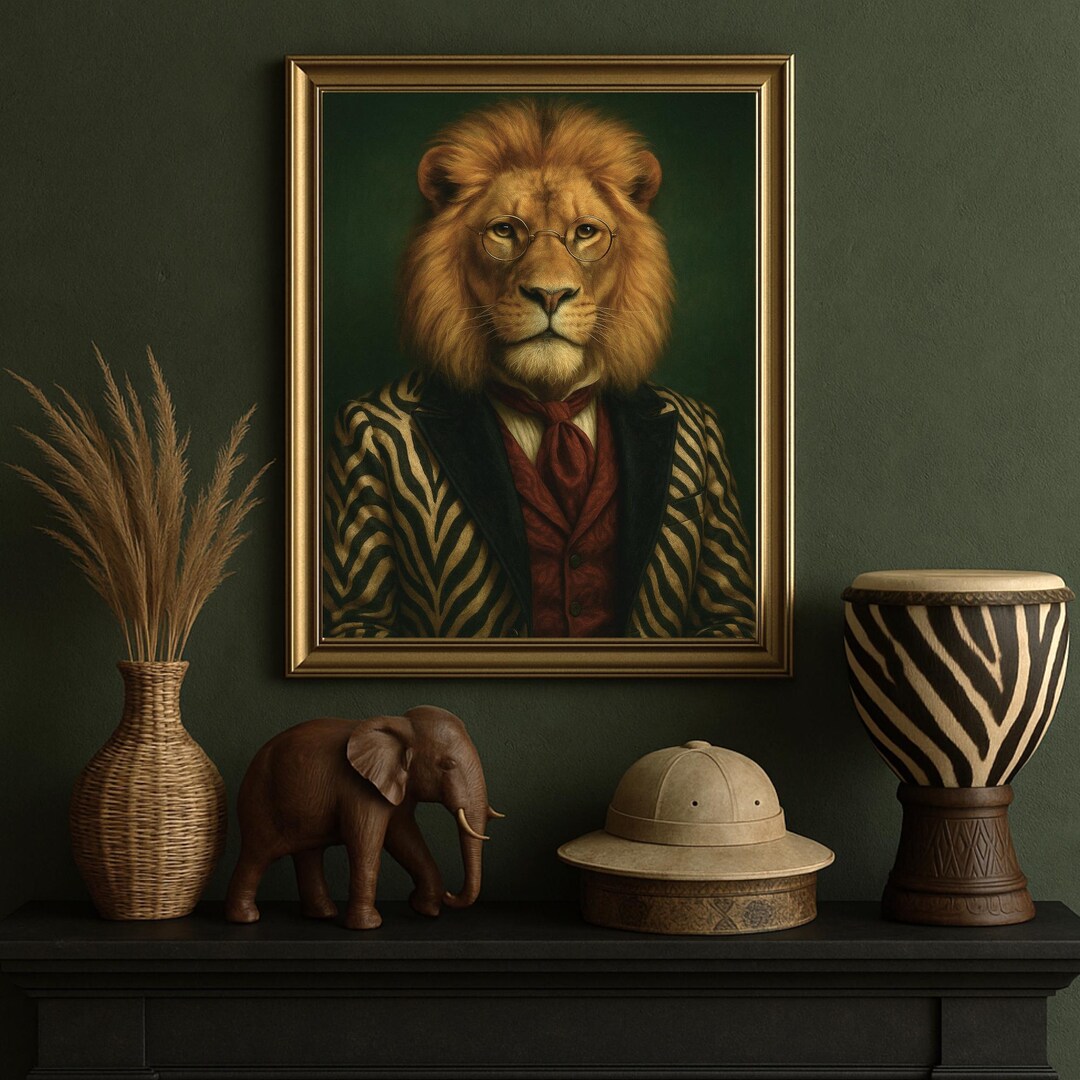 Lion Wearing Spectacles in Zebra Print Suit A3 Print | Lion Portrait ...