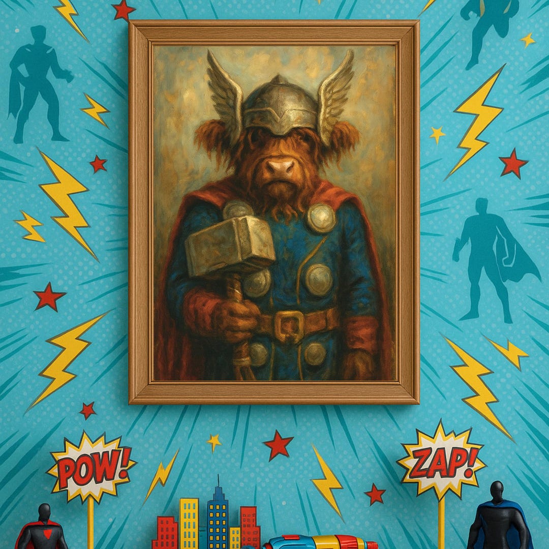 Highland Cow Thor A3 Print | Superhero Wall Décor | Quirky Cattle Print ...