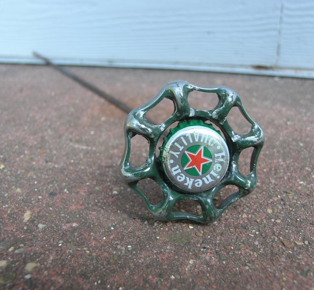 Bottle Cap Flower: 17" Tall, Plant Stake, Green Flower, Upcycled Spigot ...