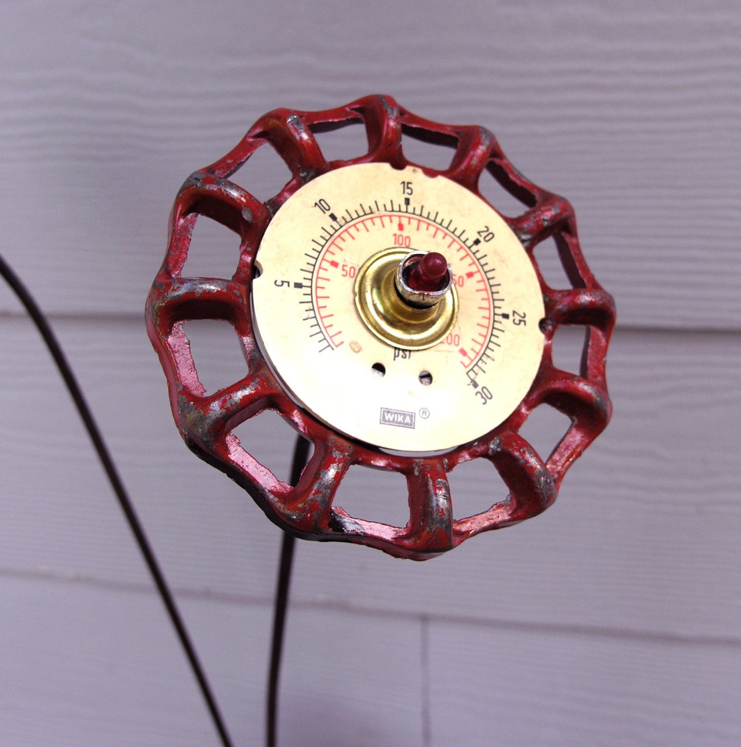 Red Metal Flower, Upcycled Art, Faucet Knob, 21 Tall Vase Filler, Home ...