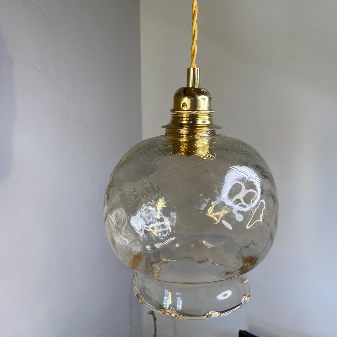 Vintage 70s Amber Glass Portable Lamp - Retro Pendant Lamp With Textile ...
