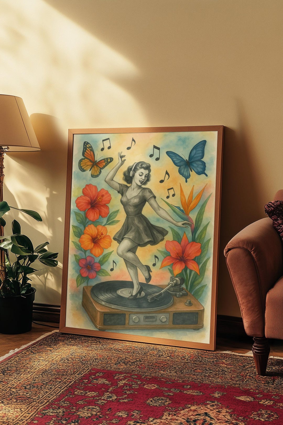Retro Dance Art Print – Vintage Girl on Record Player With Flowers ...