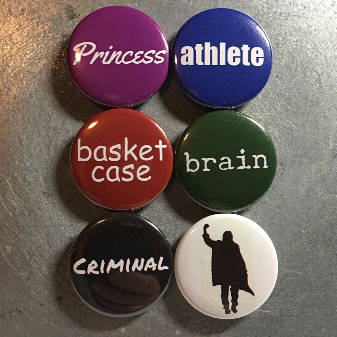 The Breakfast Club Set of 6 Buttons Princess, Athlete, Brain, Basket ...