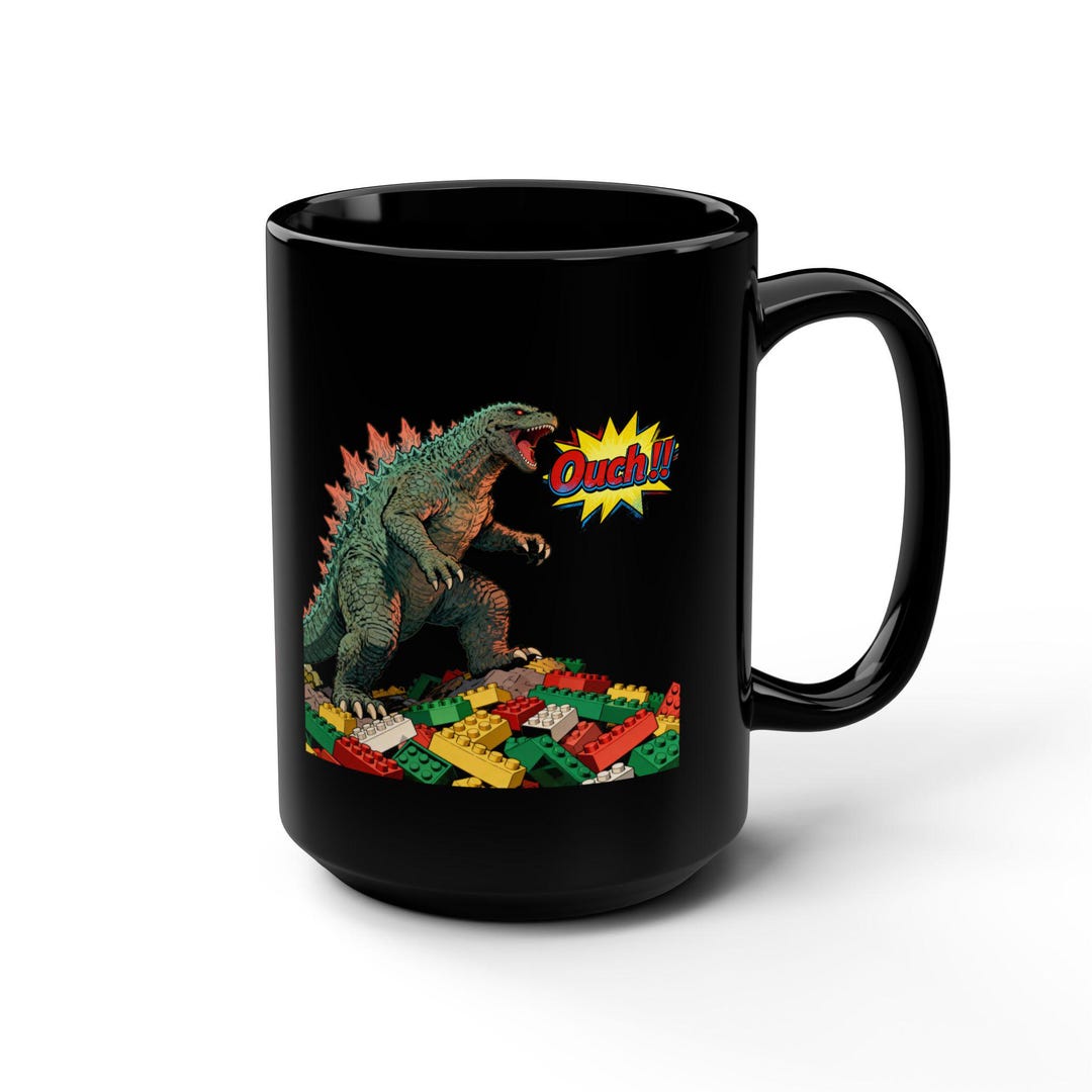 Godzilla Stepping on Lego Mug | Black 15oz Ceramic - Etsy