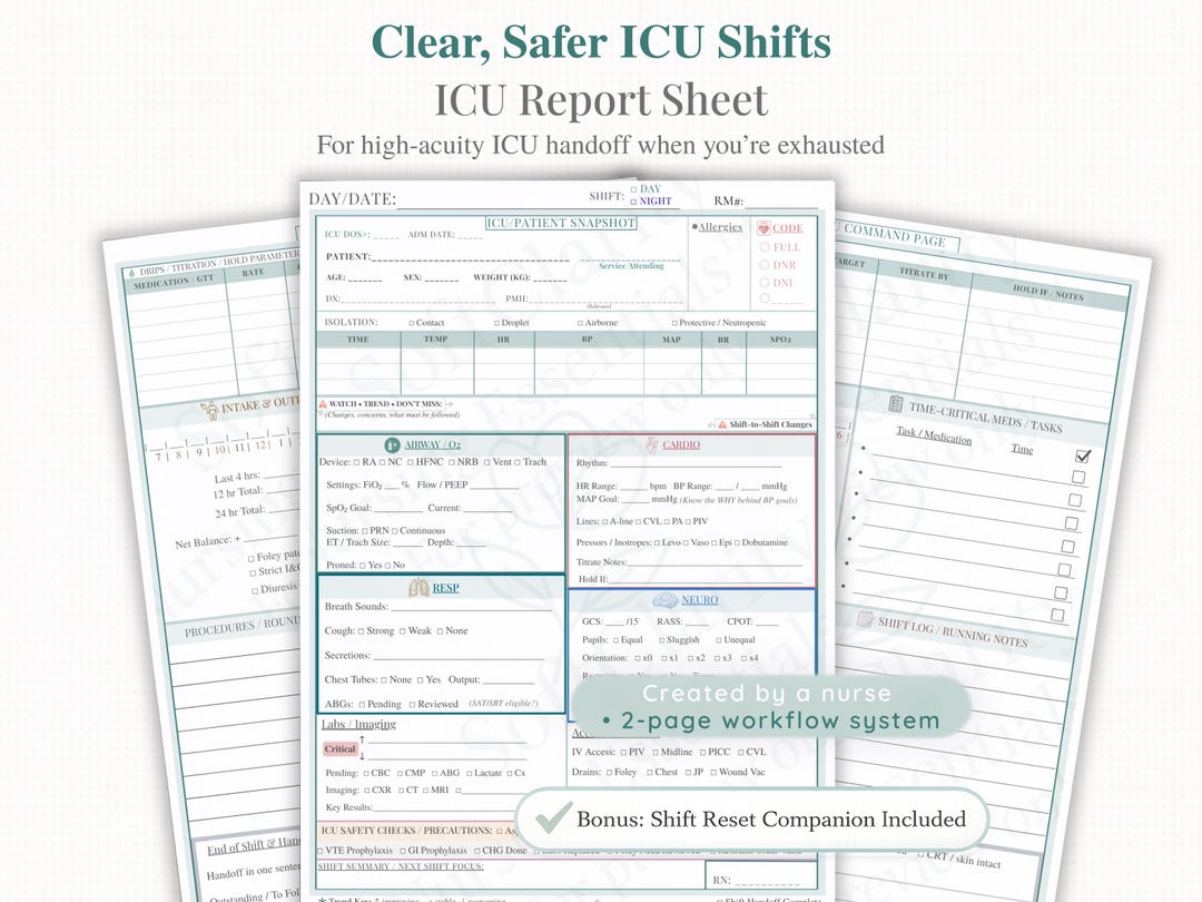 ICU Nurse Report Sheet | Critical Care Handoff Brain Sheet | 1‑patient ...