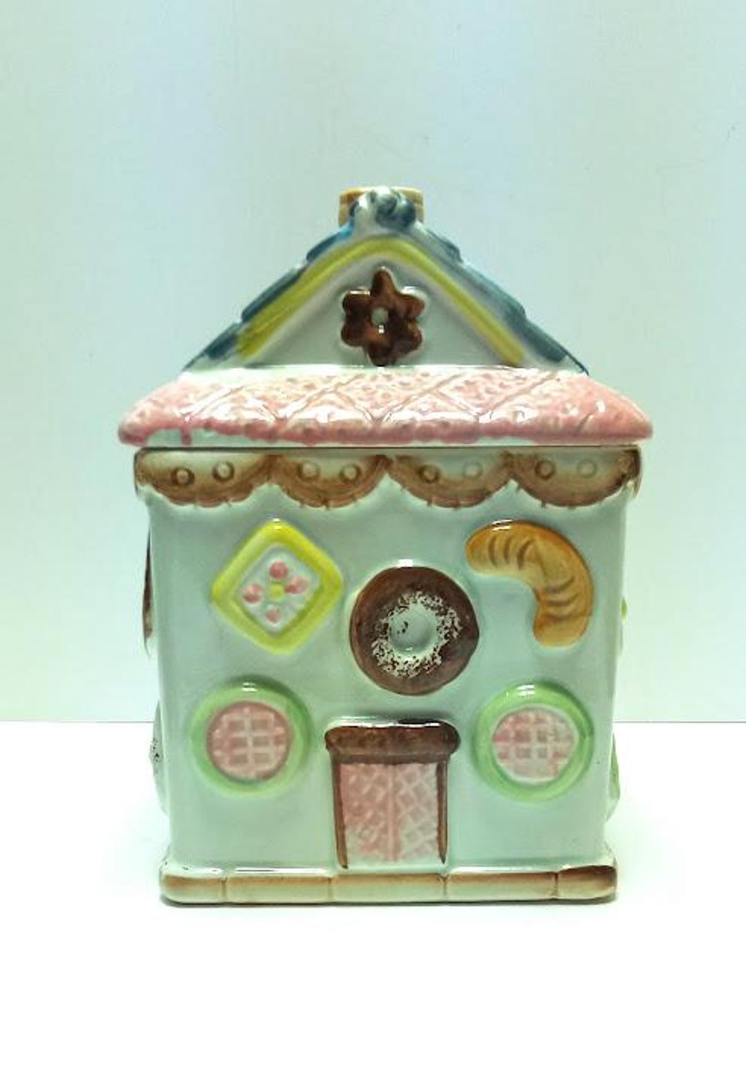 Vintage Cookie House Cookie Jar in Pale Green With Teal, Pink, and ...