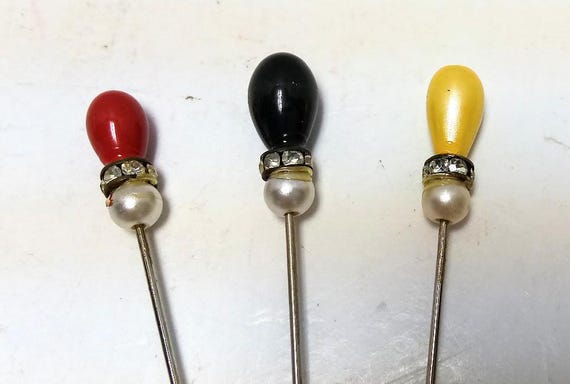 Antique Art Deco Hat Pins with Pearls and Rhinestones… - Gem