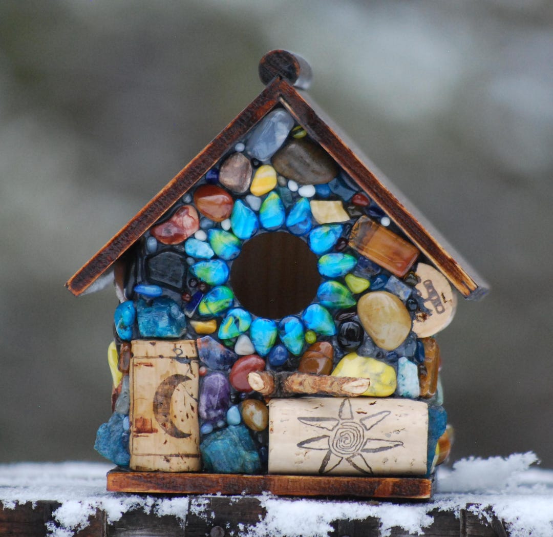 Outdoor Stone Bird House With Agates and Various Colorful Stones for ...